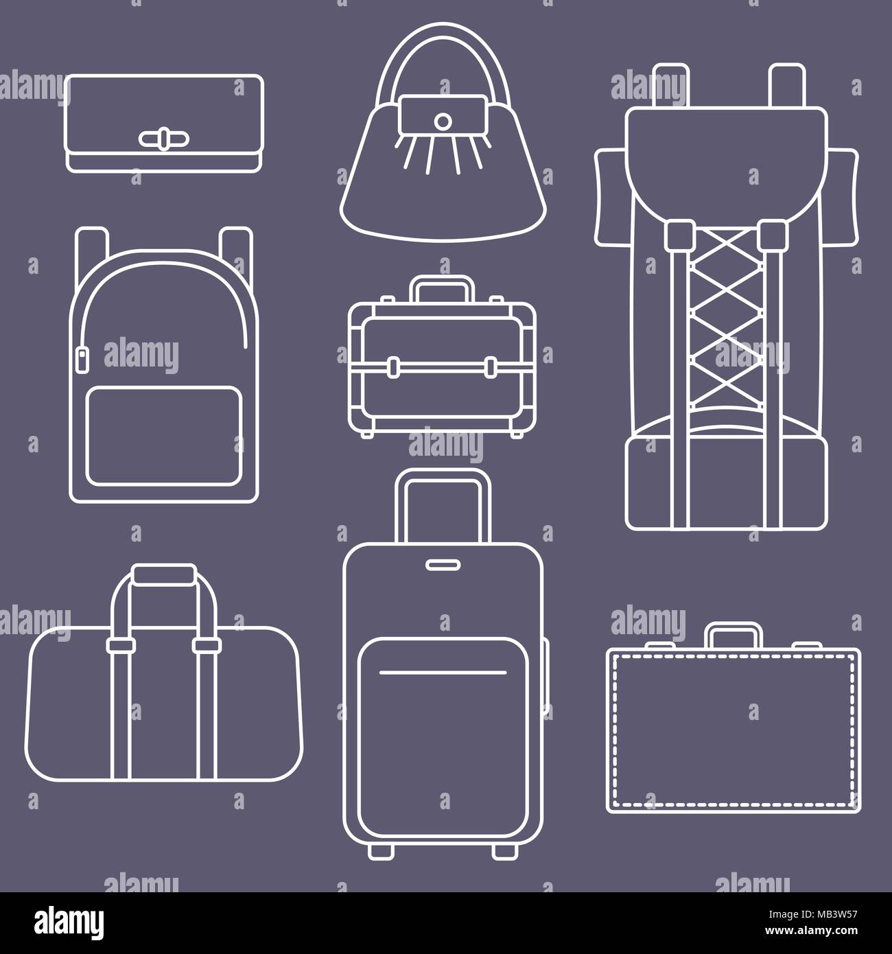 Different types of bags, white outline flat vector illustration ...