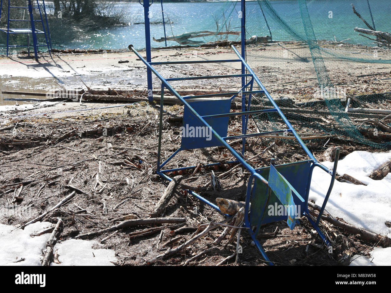 abandoned volleyball completely destroyed with the chair of the judge ...