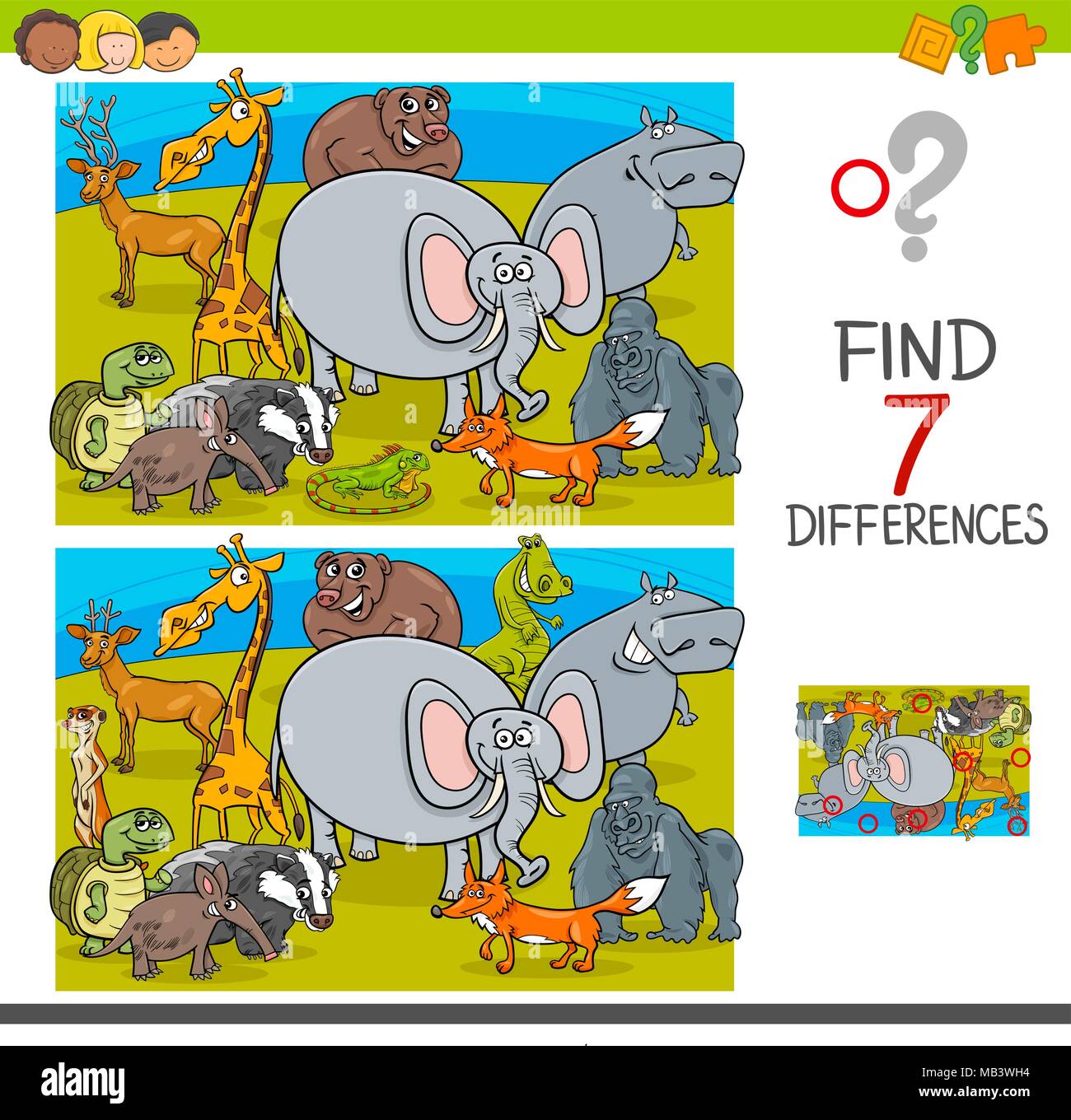 Cartoon Illustration of Finding Seven Differences Between Pictures Educational Activity Game for ...