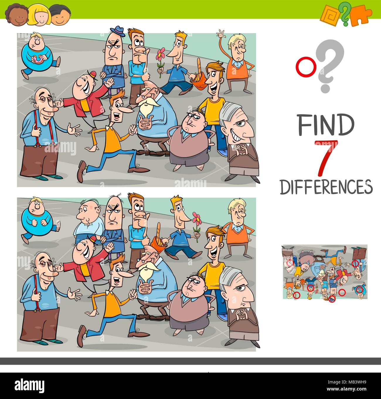 Cartoon Illustration of Finding Seven Differences Between Pictures Educational Activity Game for ...