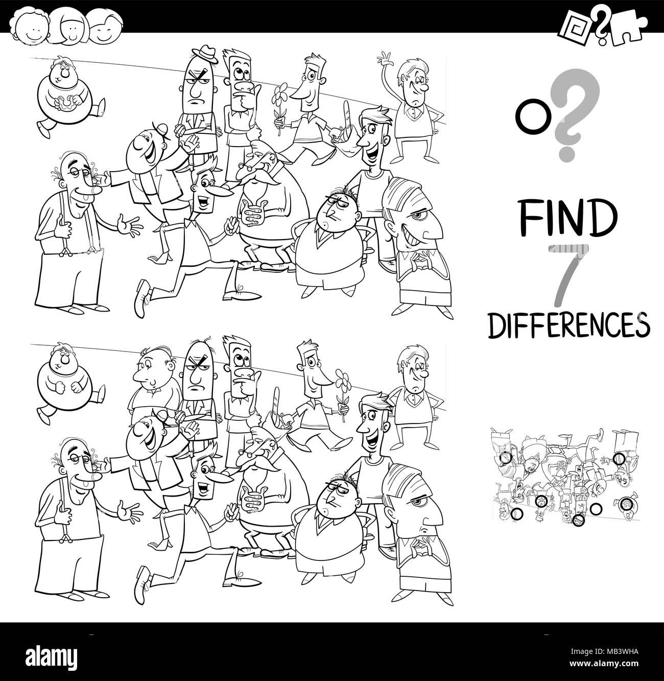 Black and White Cartoon Illustration of Finding Seven Differences Between Pictures Educational ...