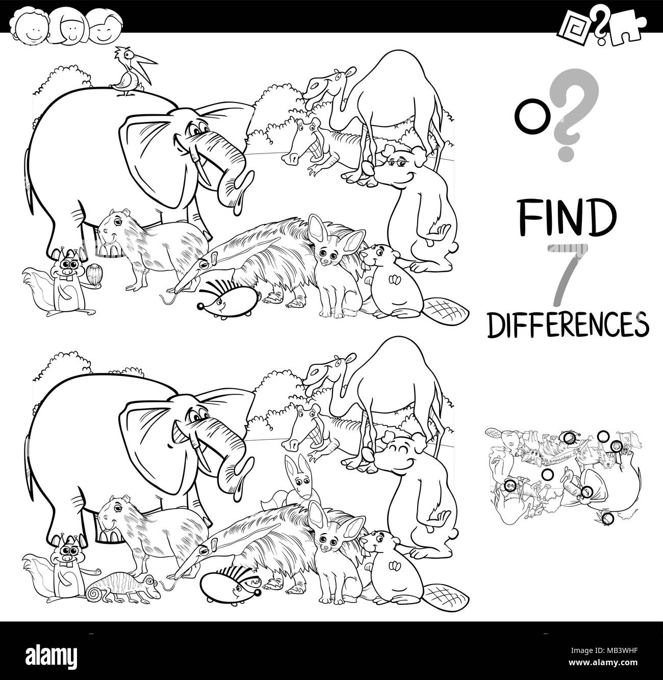 Black and White Cartoon Illustration of Finding Seven Differences ...