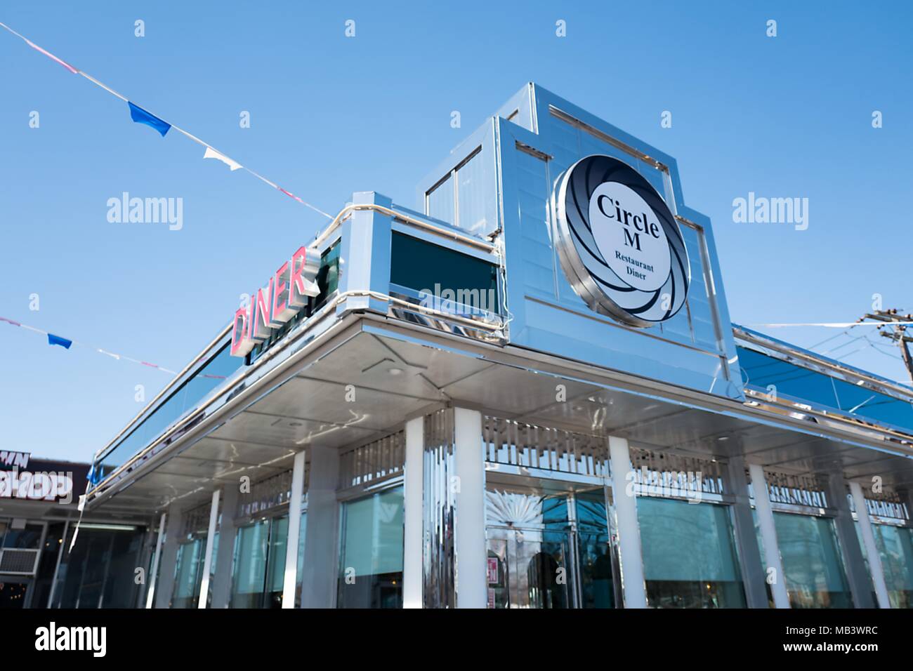 Low-angle view of sign at the Circle M Diner, a classic diner ...