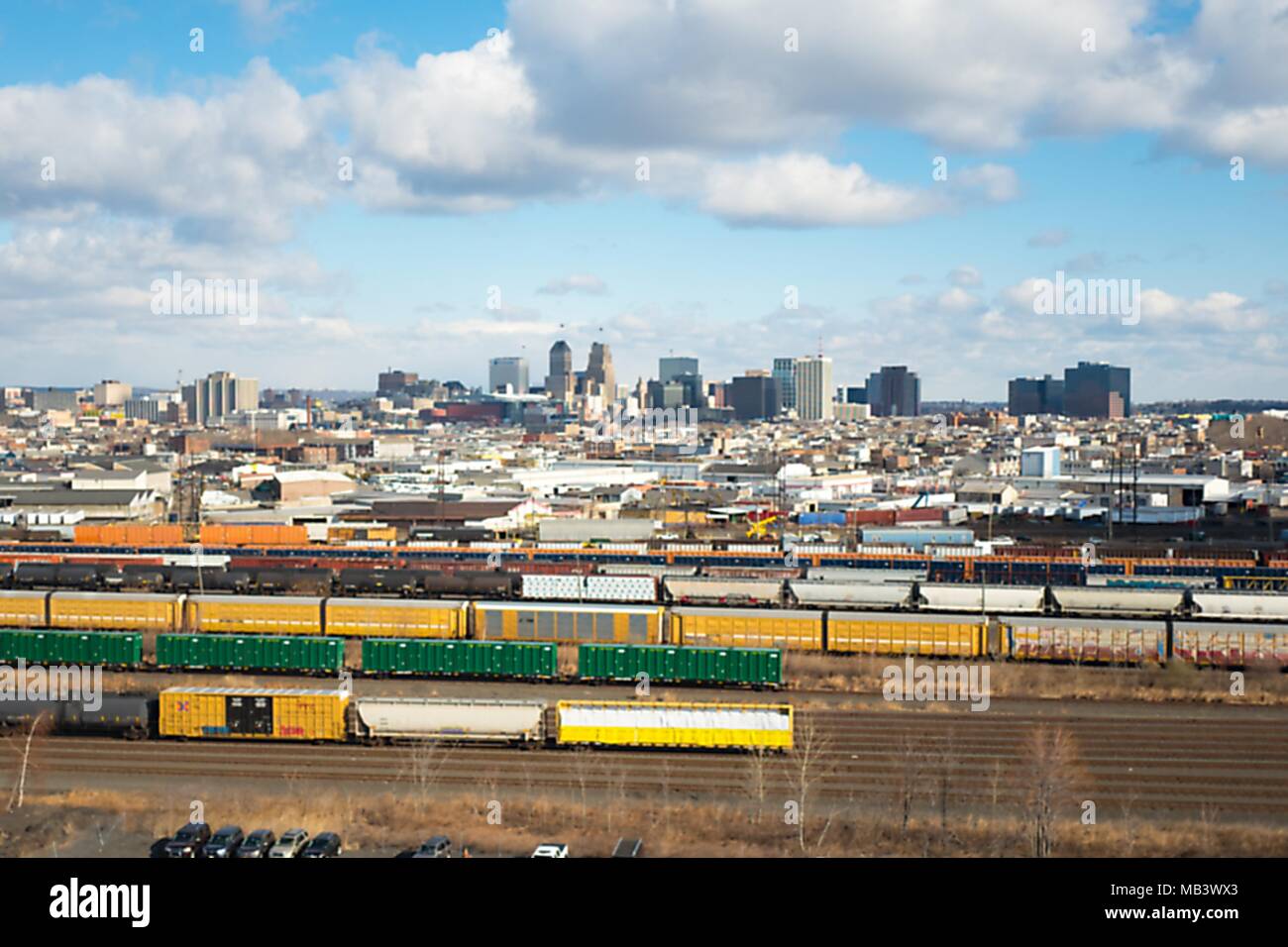 Aerial view of the urban skyline of Newark, New Jersey on a sunny day ...