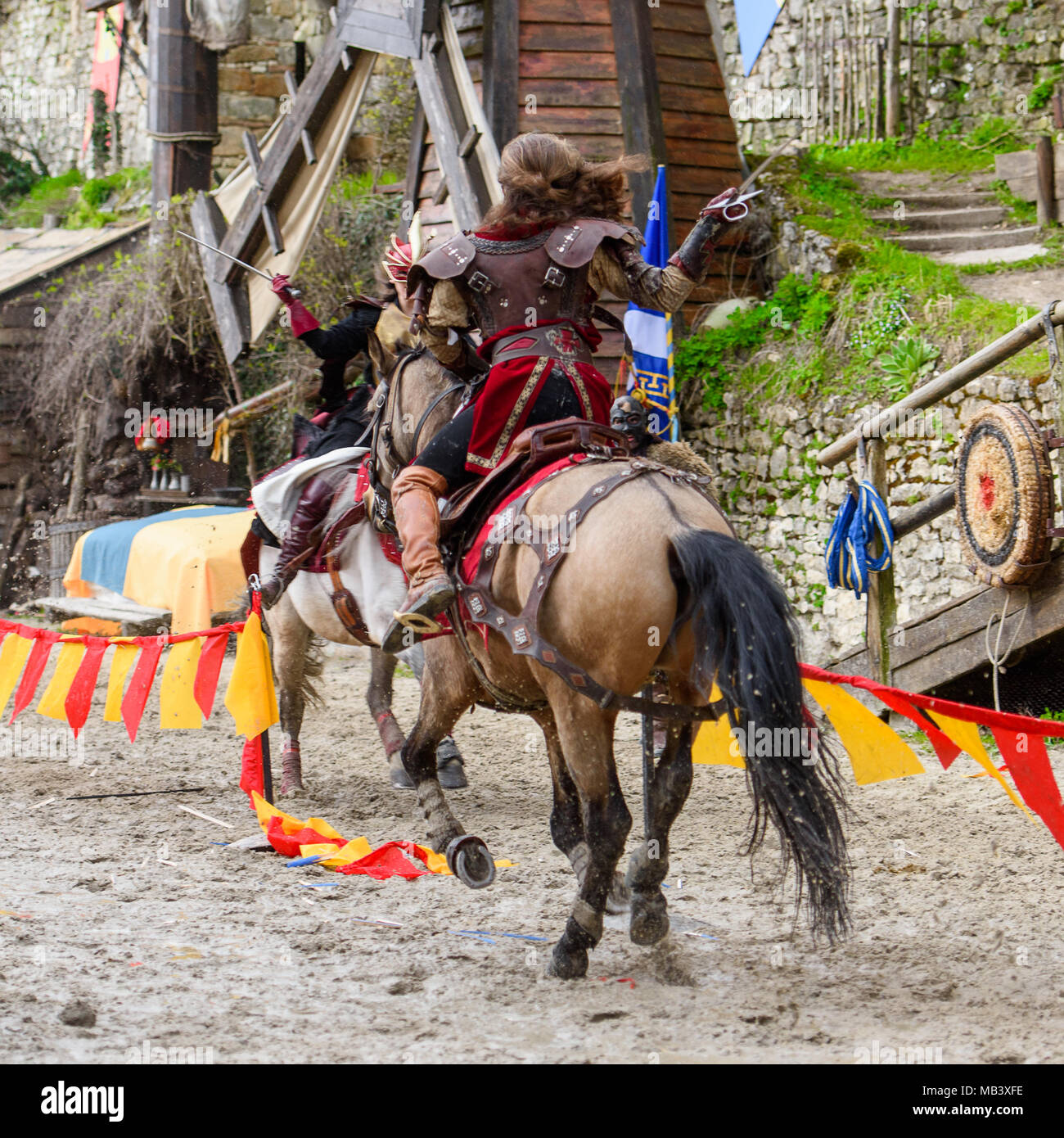 PROVINS, FRANCE - MARCH 31, 2018: Unidentified knight attacks on a ...