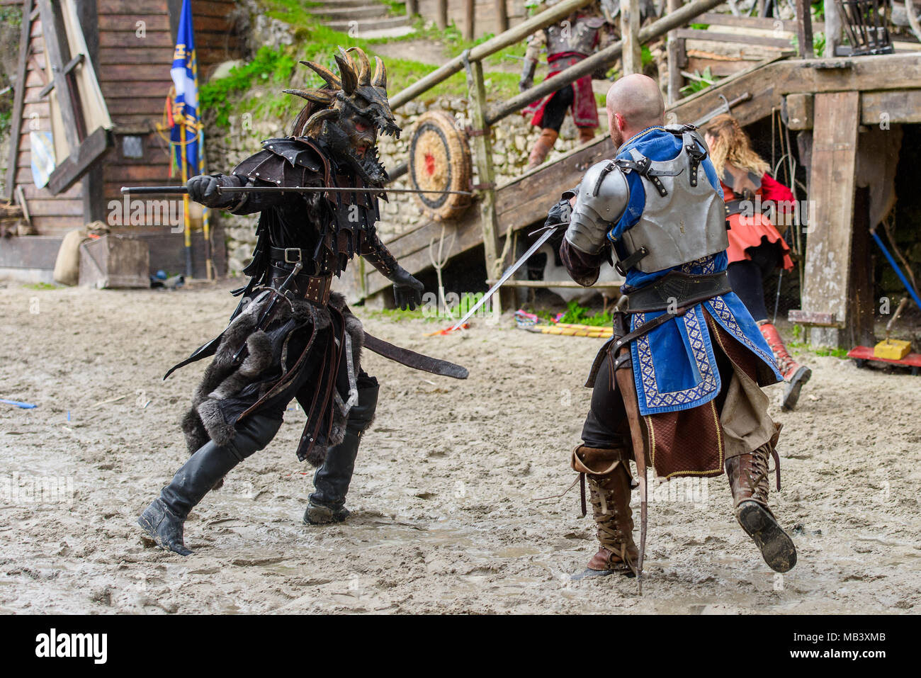 PROVINS, FRANCE - MARCH 31, 2018: Unidentified knights fight during the ...