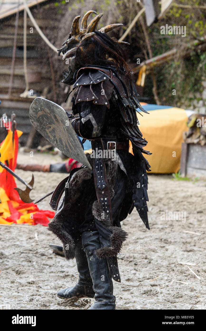 PROVINS, FRANCE - MARCH 31, 2018: Unidentified dark knight defeted ...