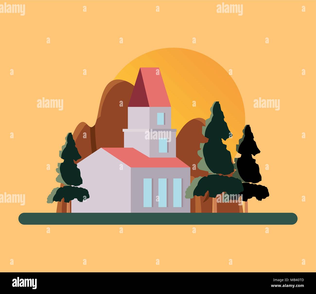 Abstract landscape with sunset at house and trees over yellow ...