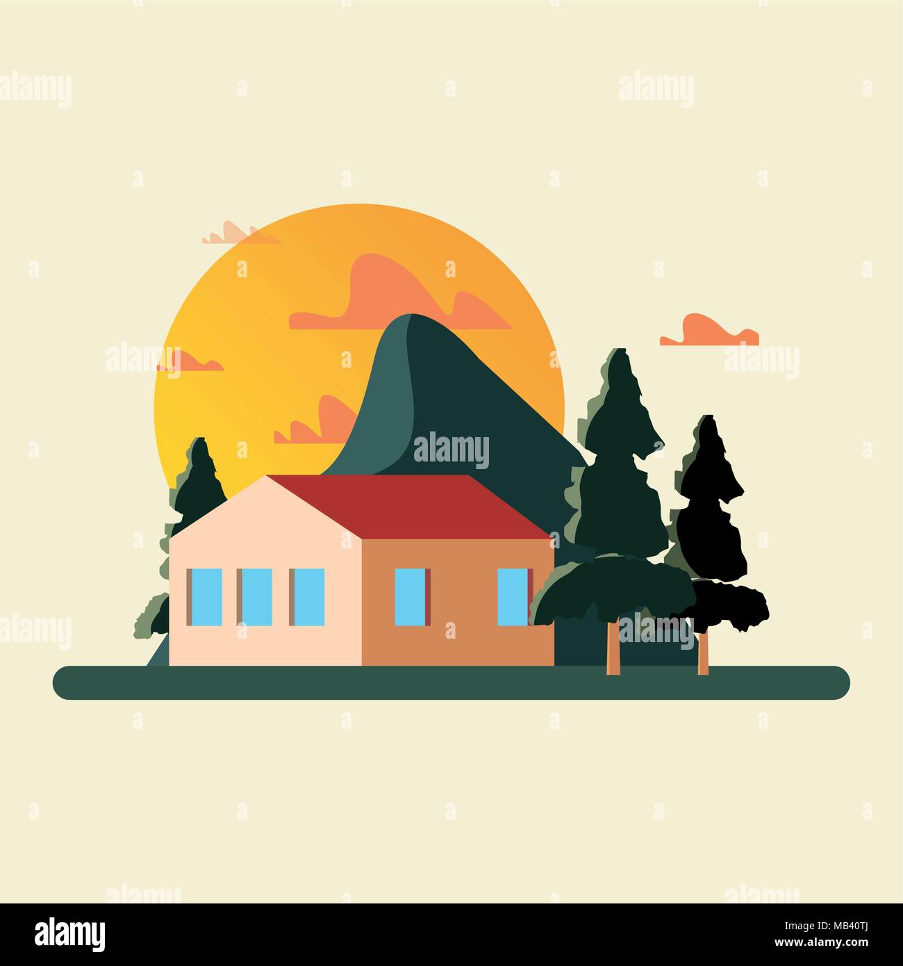 Abstract landscape with house and mountains with trees over white ...