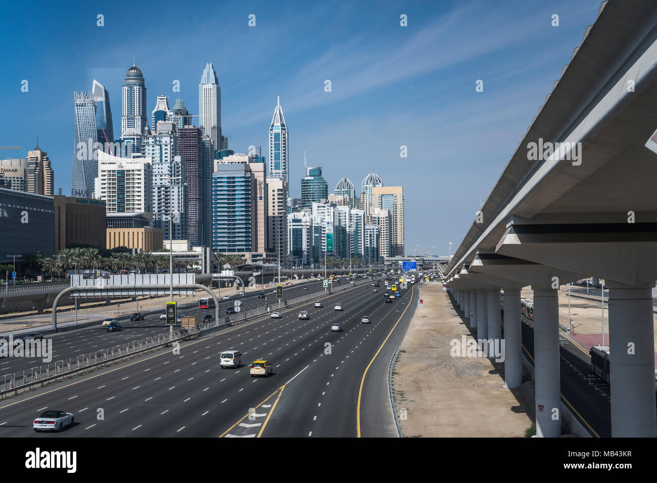 Elevated roadways and tall office towers in the financial district of ...