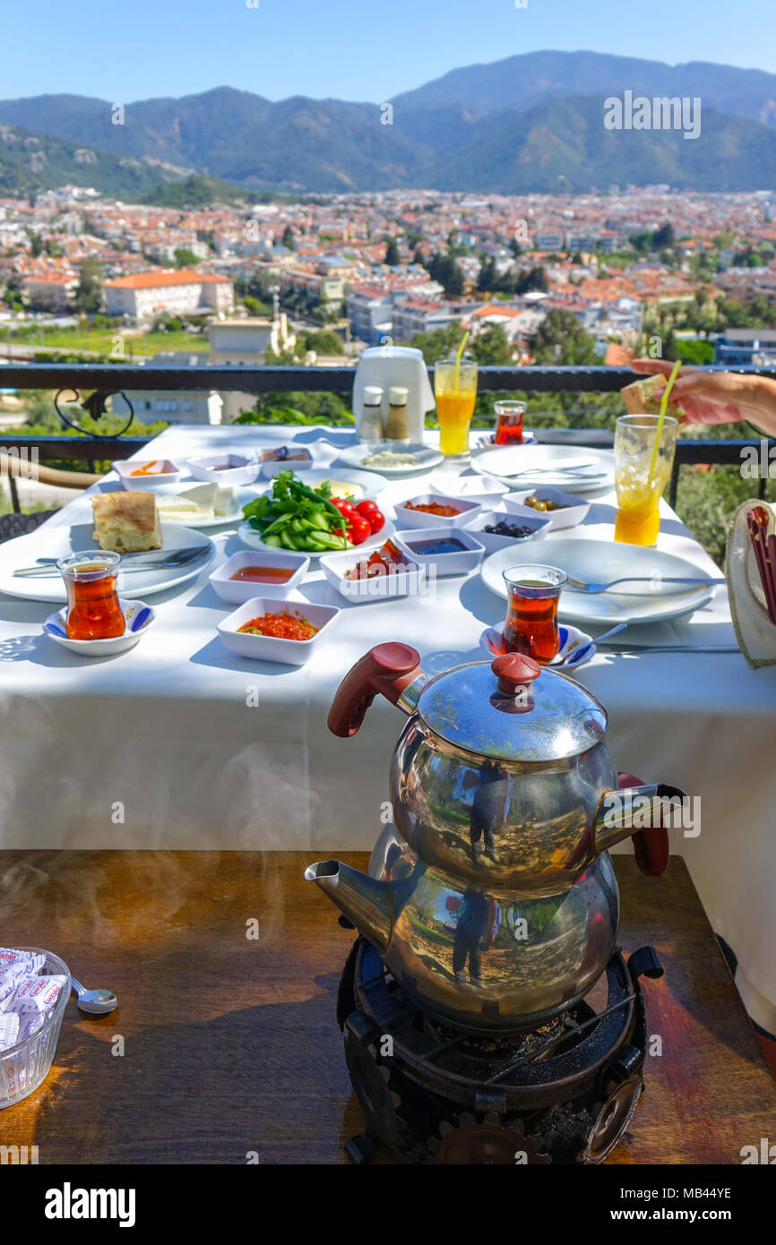 Breakfast table set outdoors, above Marmaris, Turkey Stock Photo - Alamy