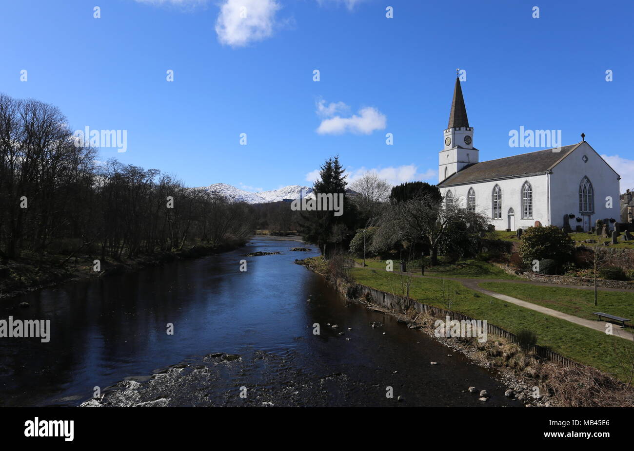 White Church and River Earn Comrie Scotland April 2018 Stock Photo - Alamy