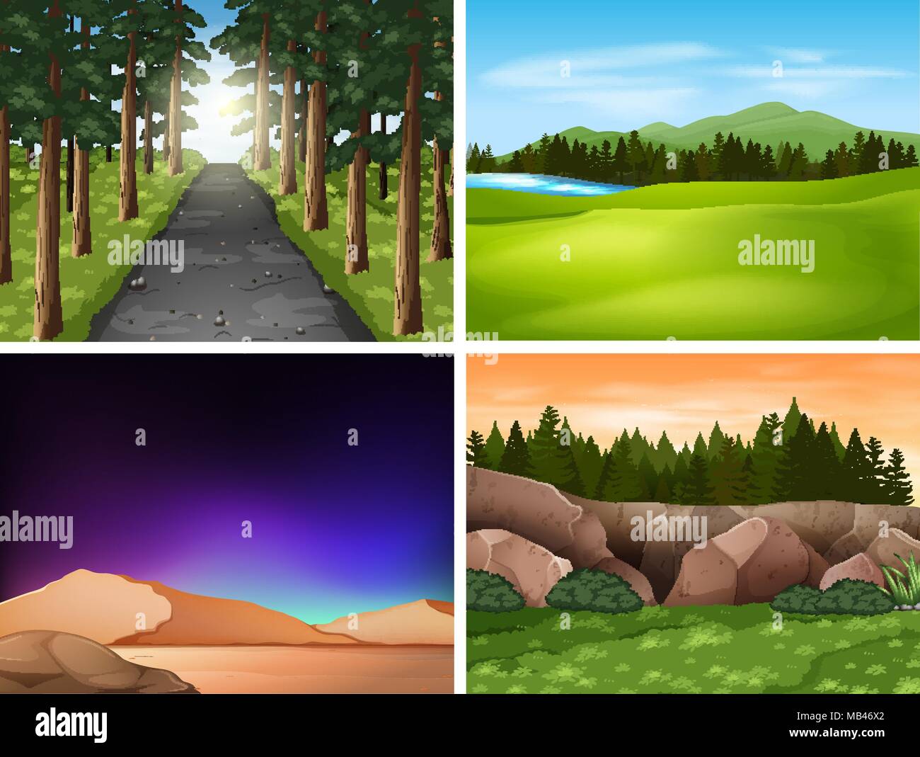 Four nature scenes with mountains and field illustration Stock Vector ...