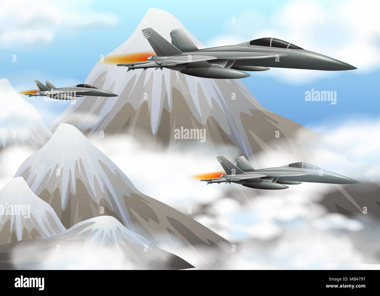 Three jet planes flying over the mountains illustration Stock Vector ...