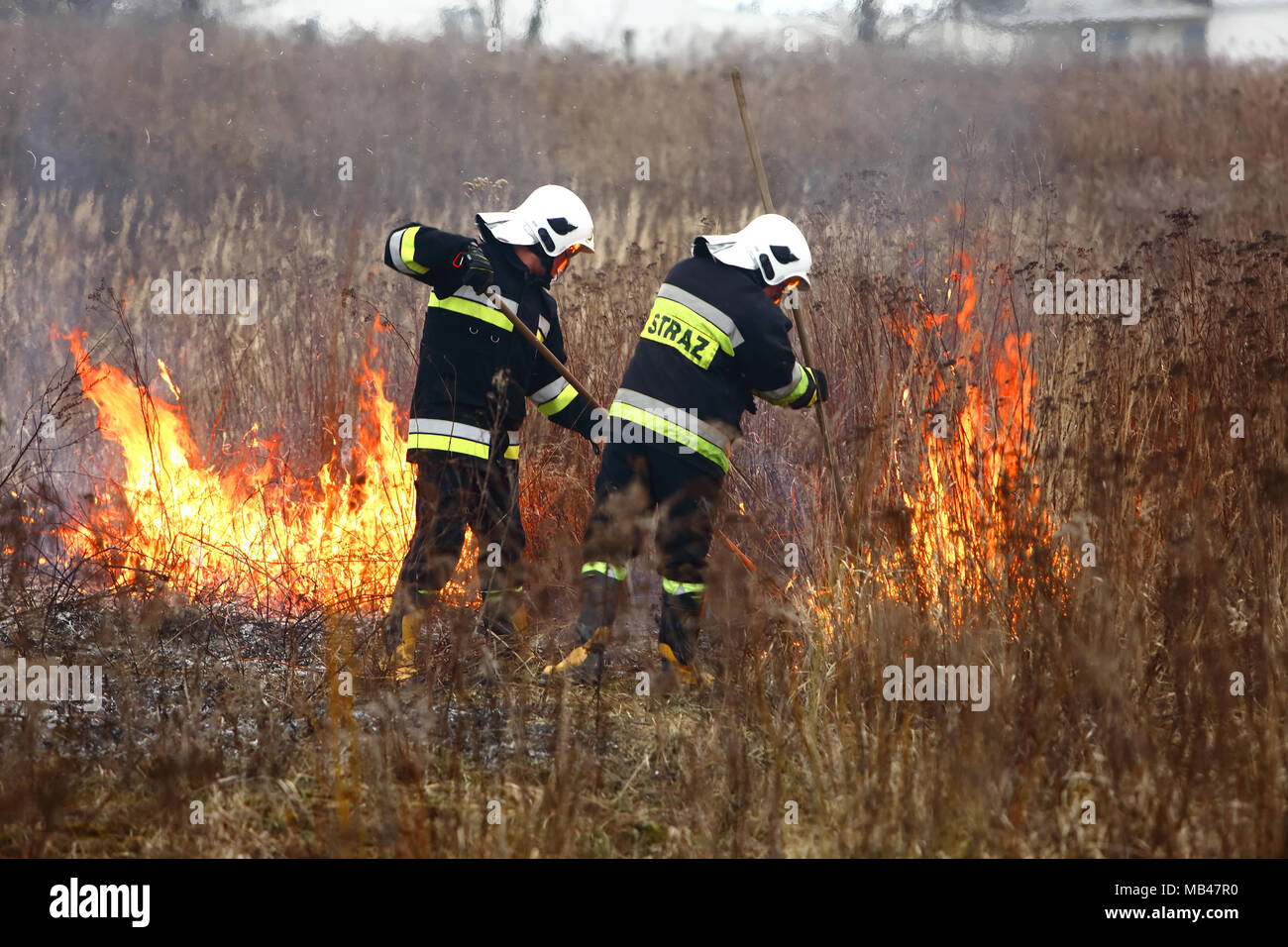 Guard during fire fighting on dry meadows Stock Photo - Alamy