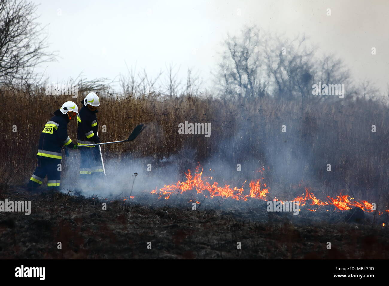 Guard during fire fighting on dry meadows Stock Photo - Alamy