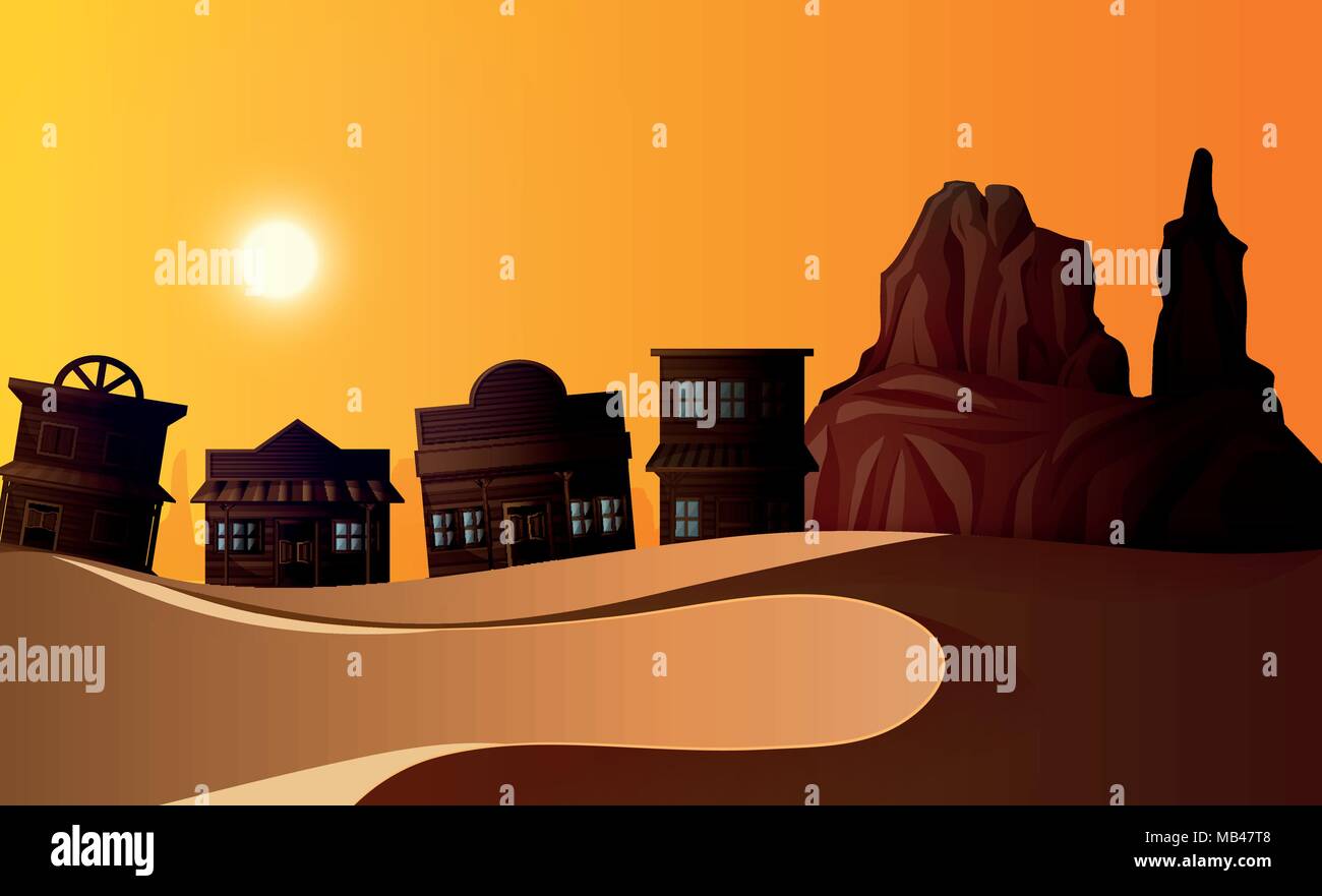 Desert scene with many buildings at sunset illustration Stock Vector ...
