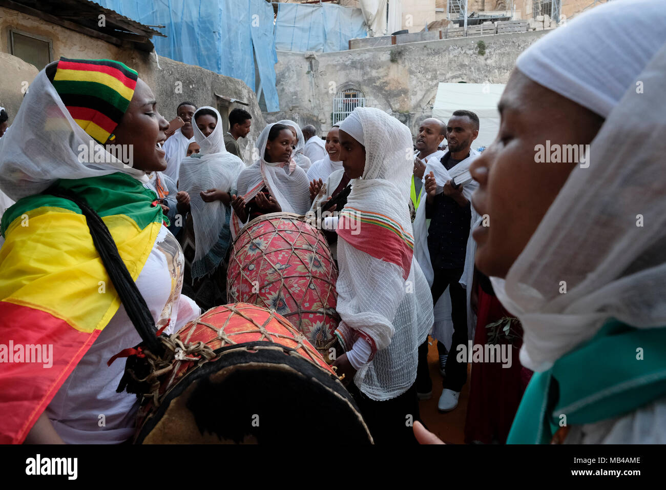 Ethiopian Orthodox Christian pilgrims play the Kebero a double-headed ...