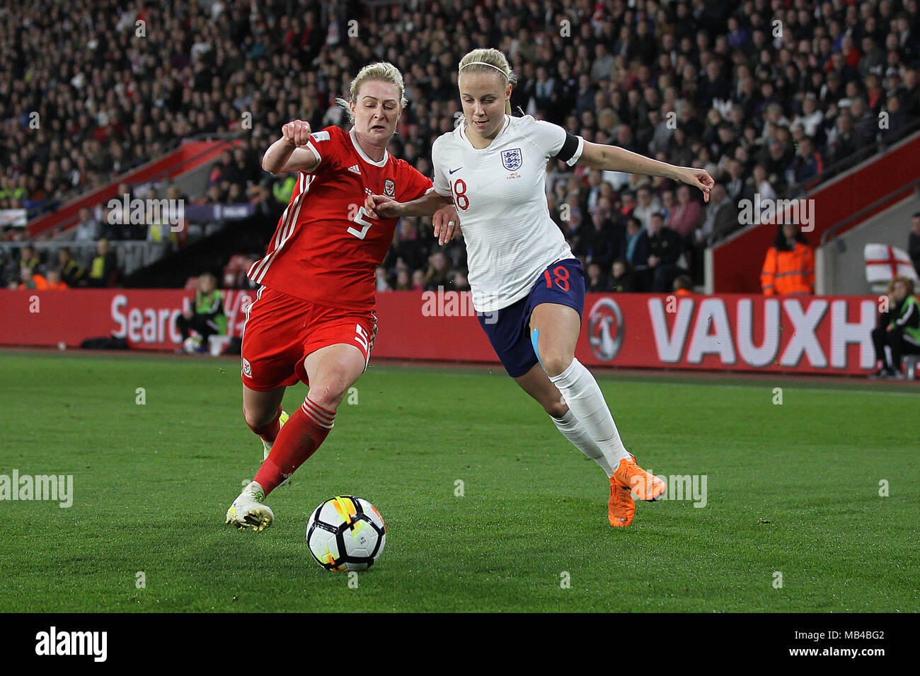 Southampton, UK. 6th Apr, 2018. Rhiannon Roberts of Wales and Beth Mead ...