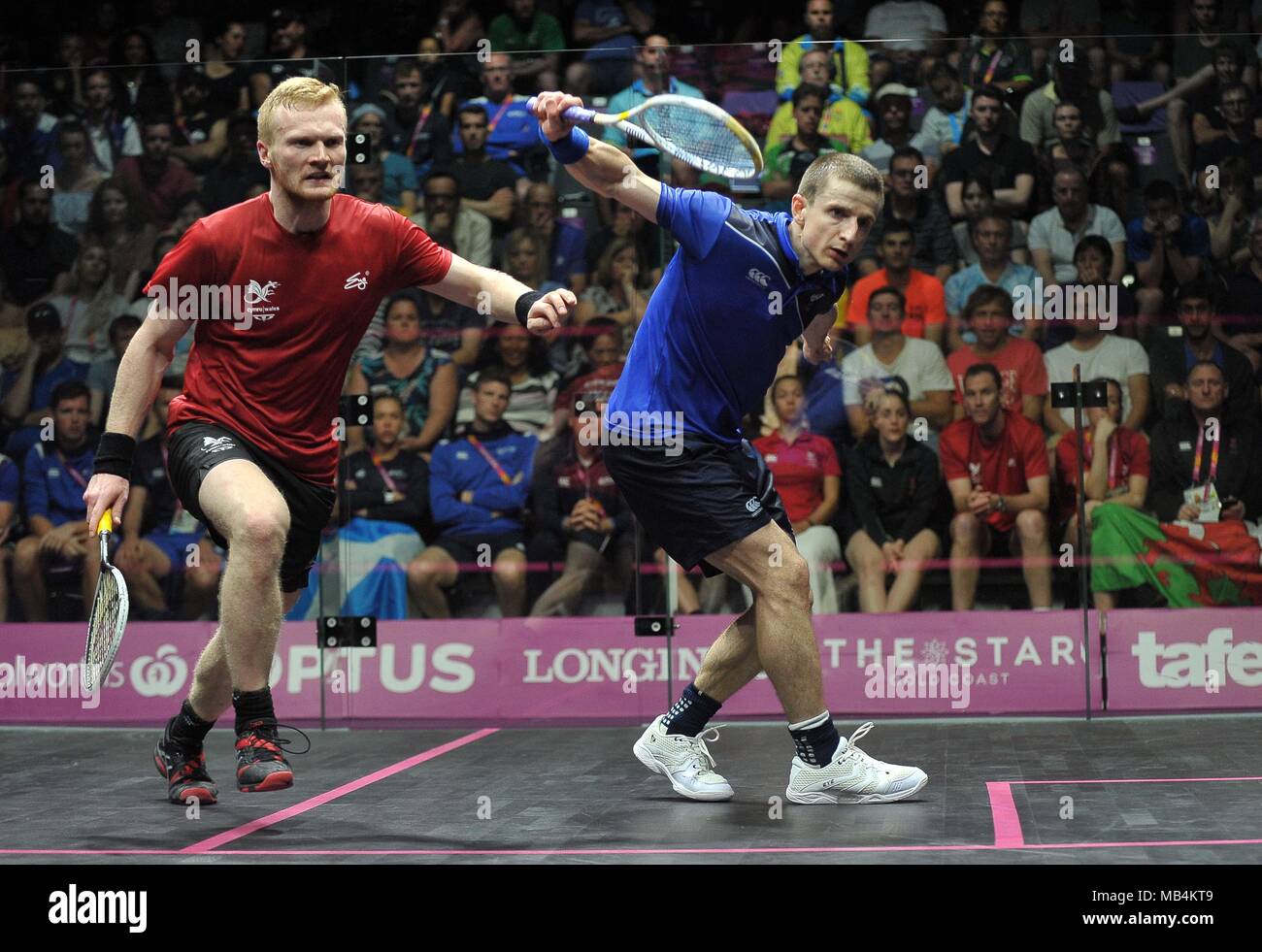 Alan Clyne (SCO, blue) and Joel Makin (WAL). Mens singles quarter ...
