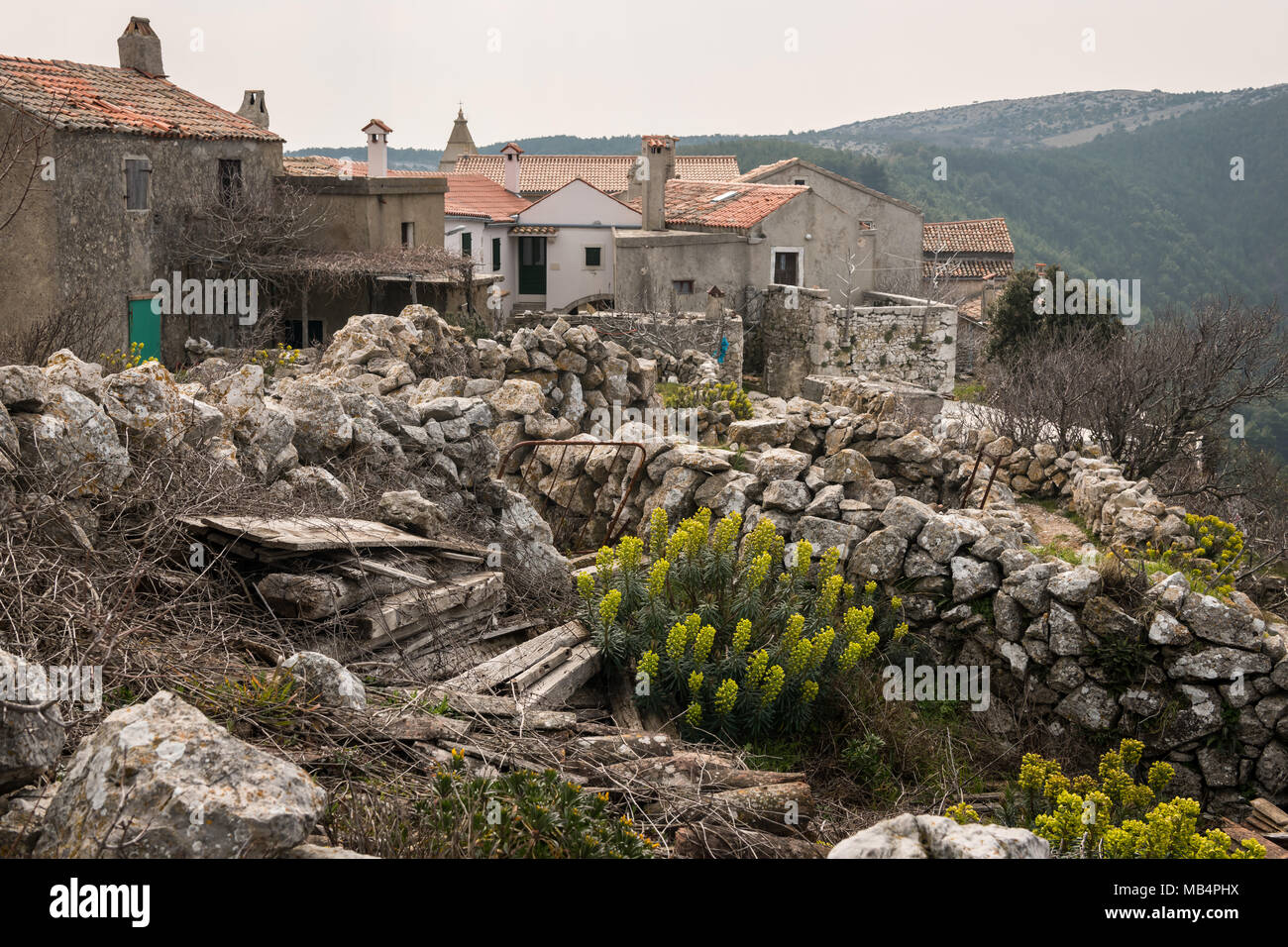 Small village of Lubenice (Cres, Croatia) on a cloudy day in spring ...