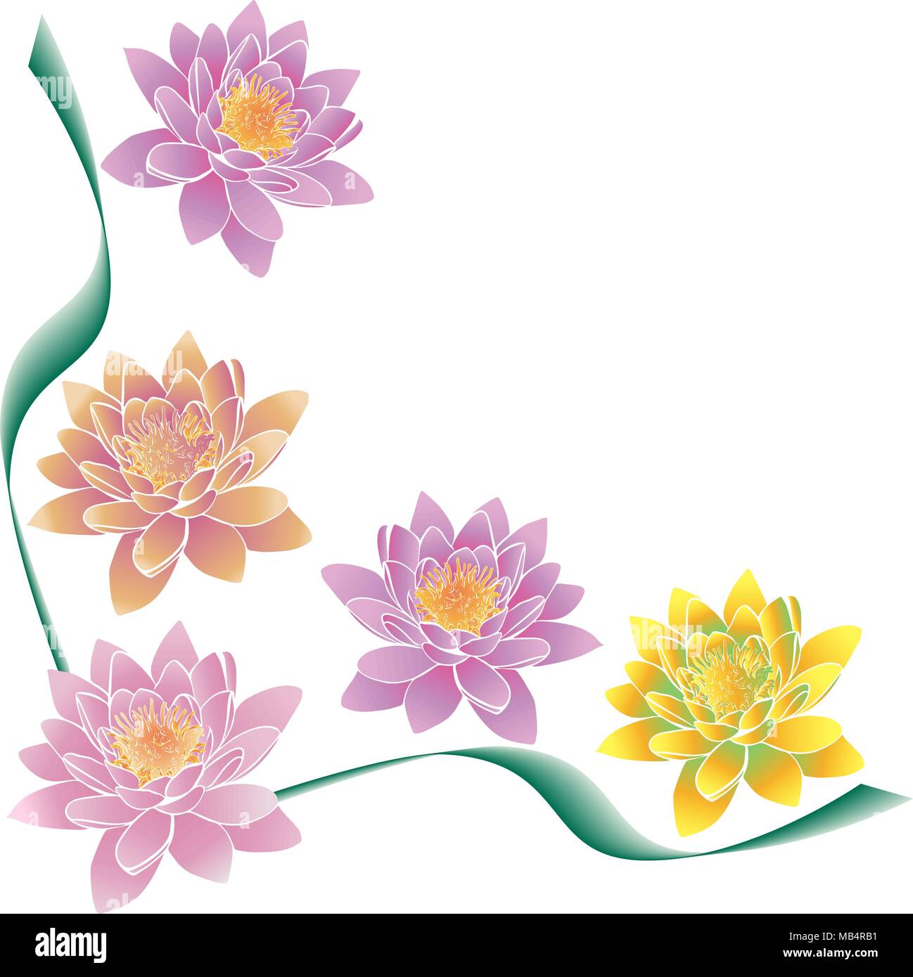 multi-colored lotuses and green strips, angular pattern isolated on white background Stock ...