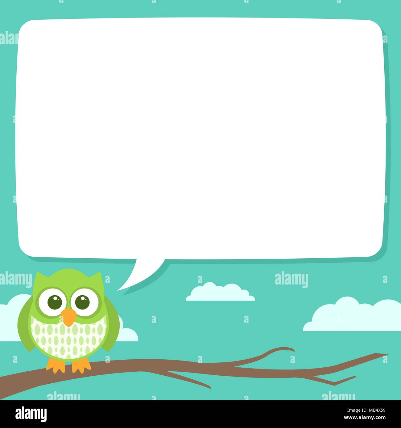 A cute little owl sitting on a tree branch with a speech bubble to ...