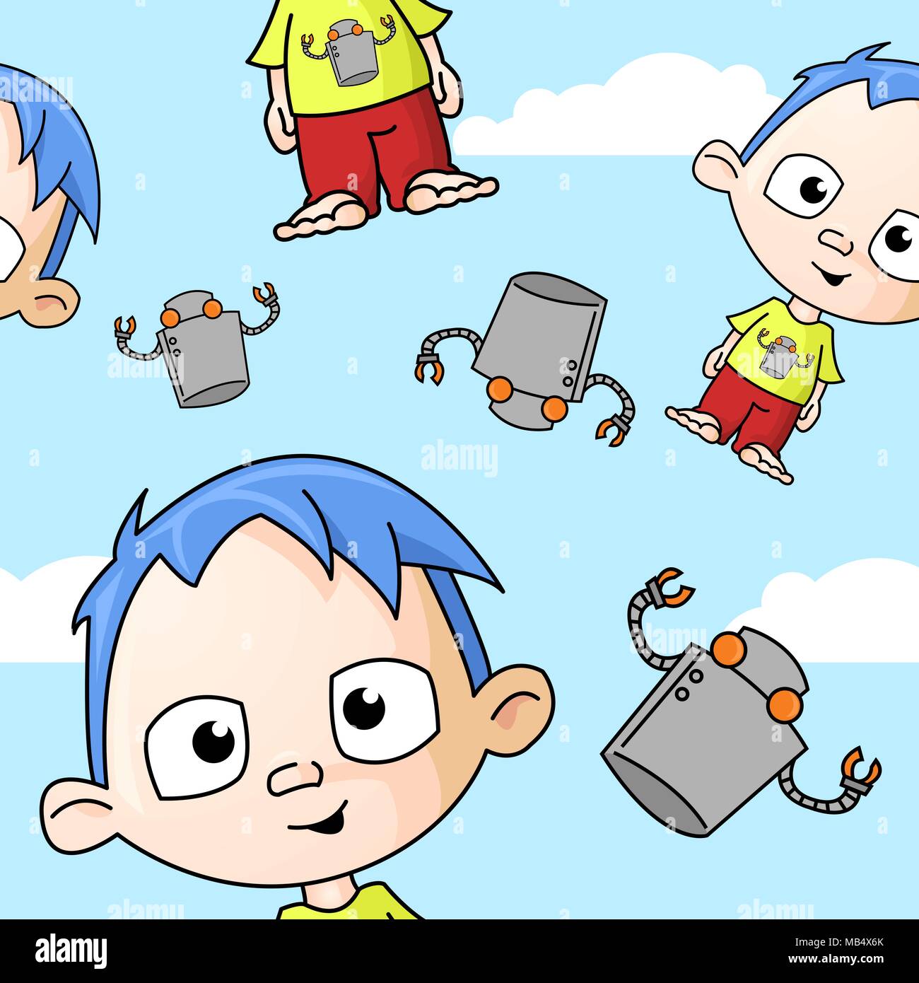 A seamless pattern of a cute boy and some robots flying through the air ...