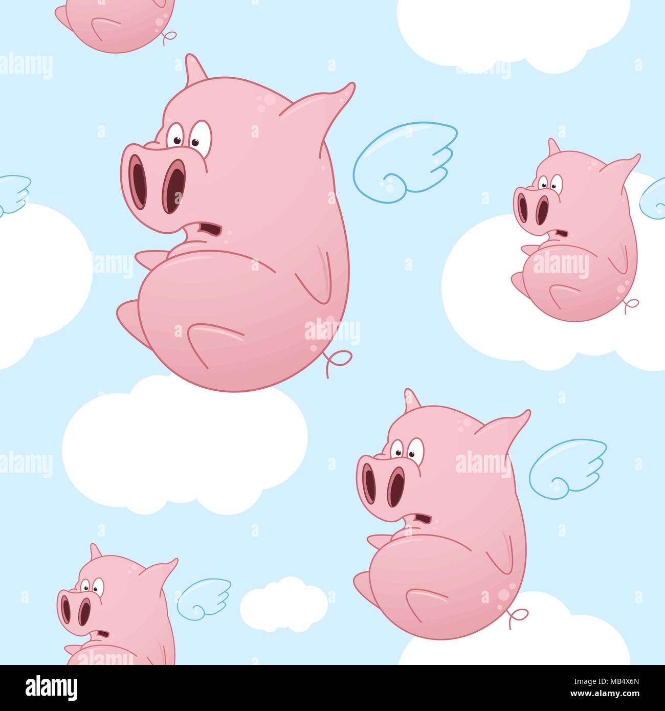 A seamless pattern of cartoon pigs flying through the sky with clouds ...