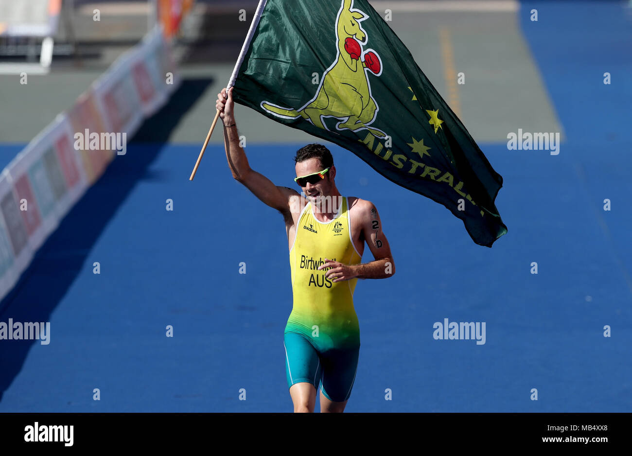 Australia's Jacob Birtwhistle crosses the finish line to take gold ...