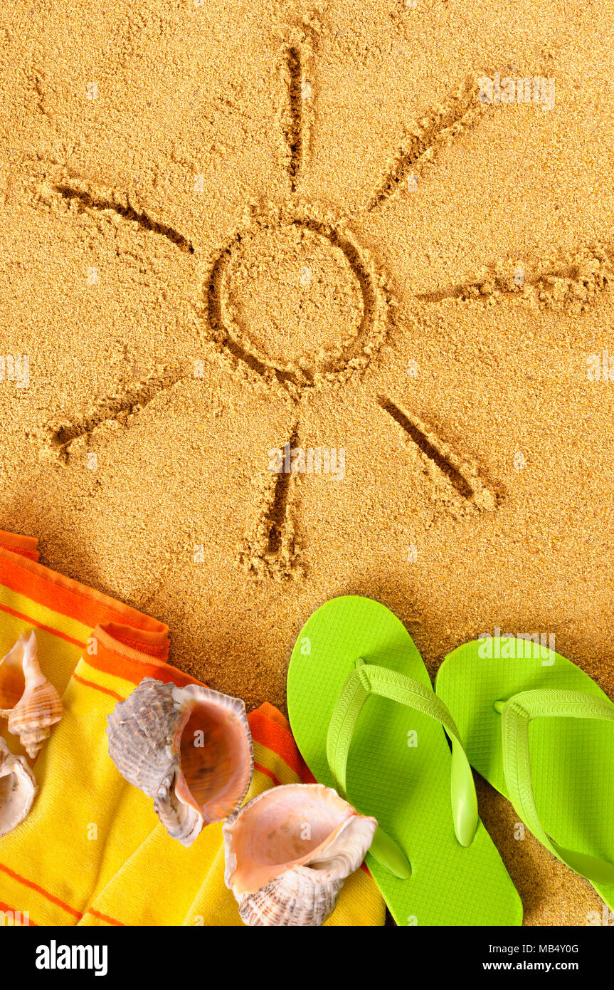 Summer sun beach holiday, sand, flip flops Stock Photo - Alamy