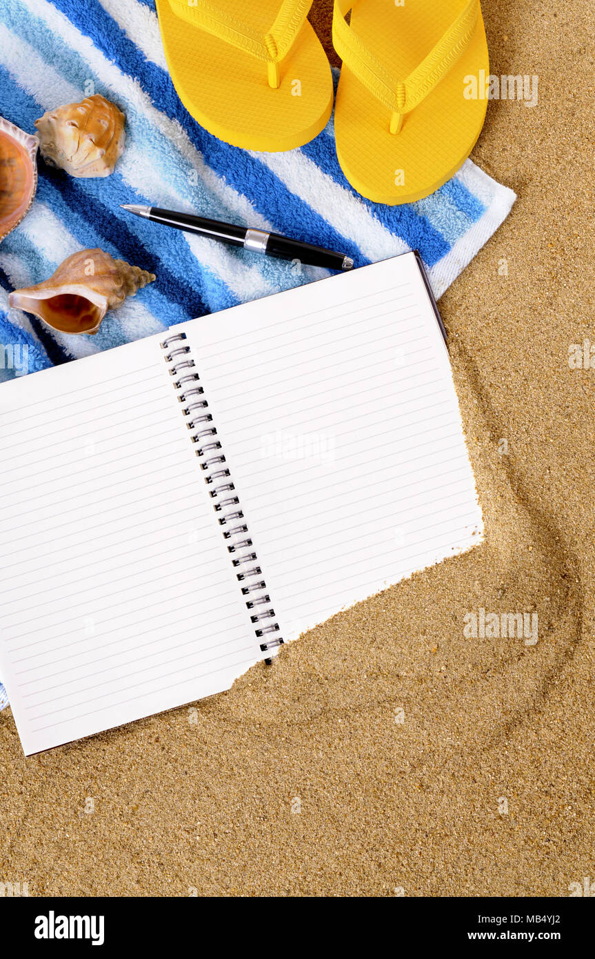 Beach background with towel, flip flops and blank notebook Stock Photo ...
