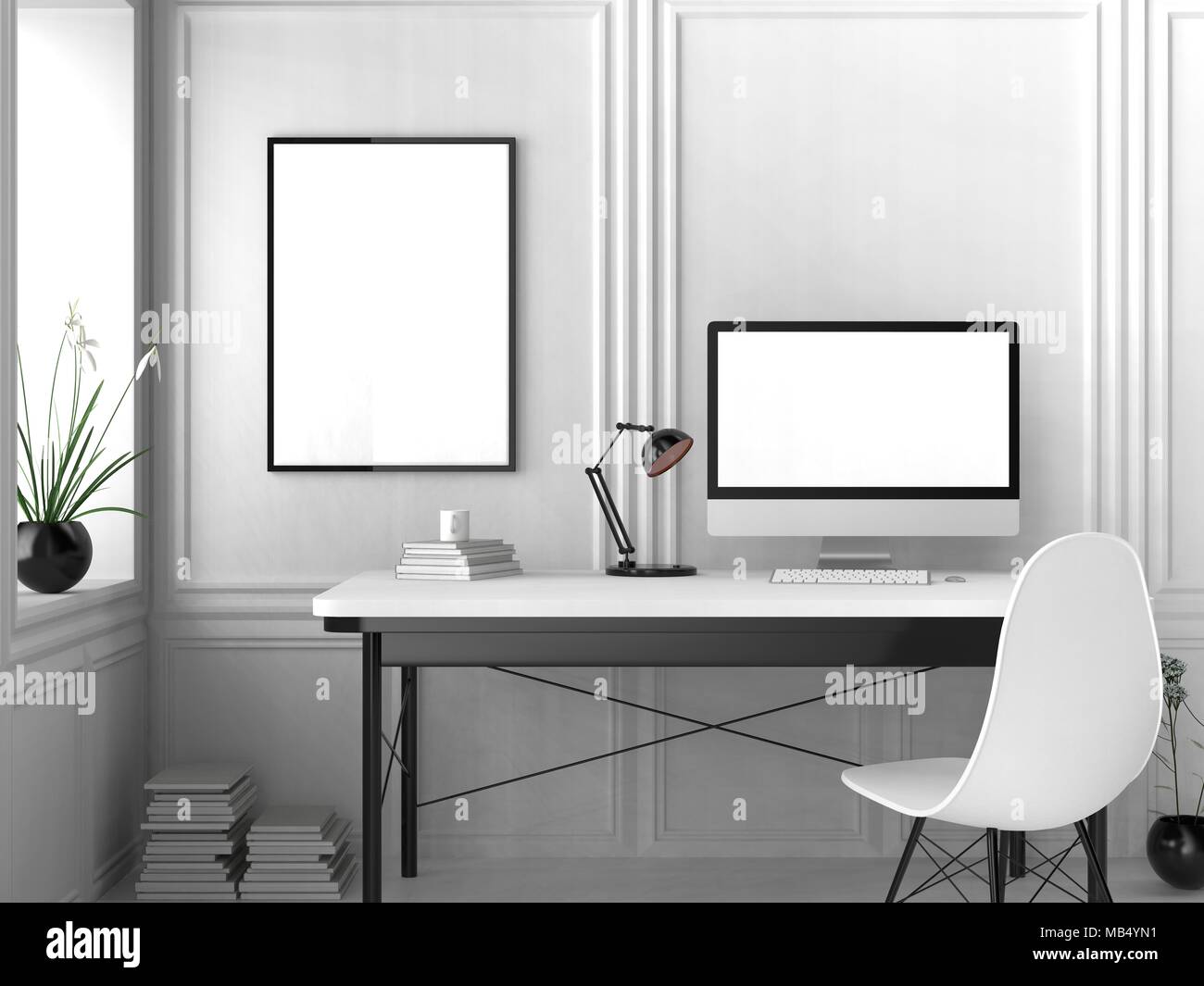 Modern workspace, isolated computer screen and frame mock up. 3D ...