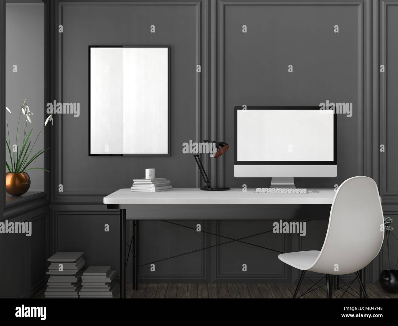 Modern workspace, isolated computer screen and frame mock up. 3D ...