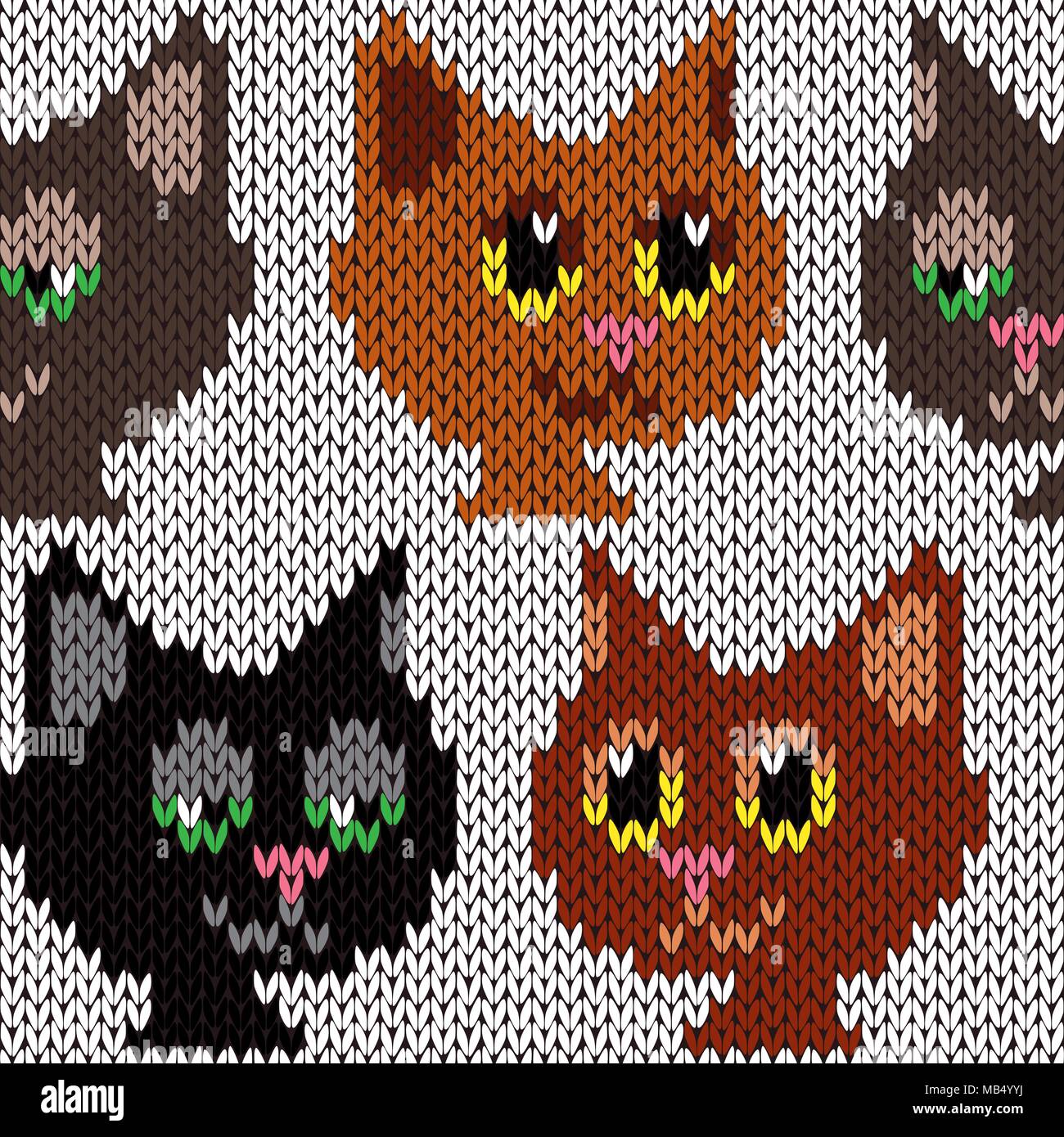 Amusing Cats over white background, knitting childish seamless pattern ...