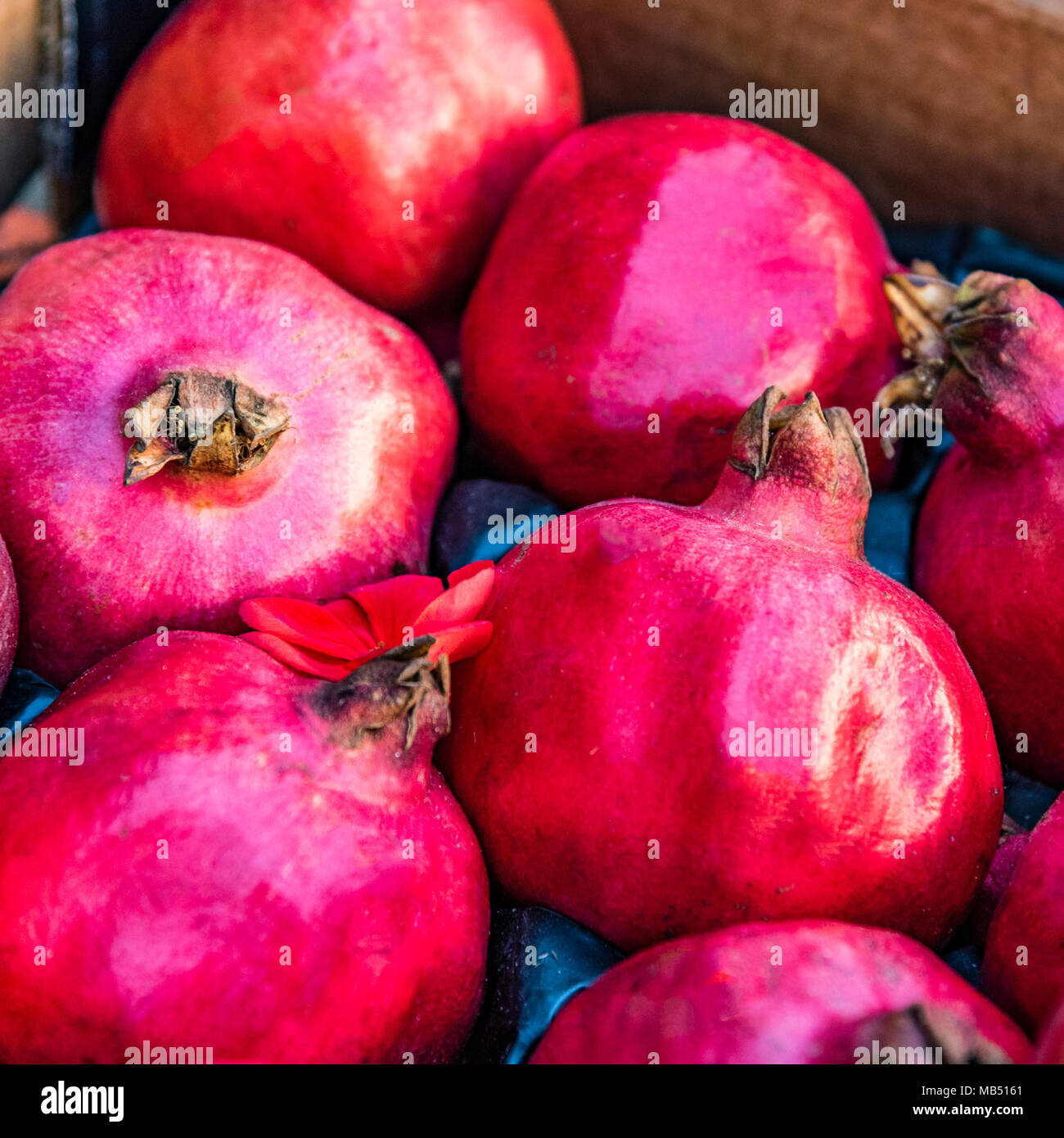 Pomegranate at the market. Fresh pomegranate in wooden box Stock Photo ...