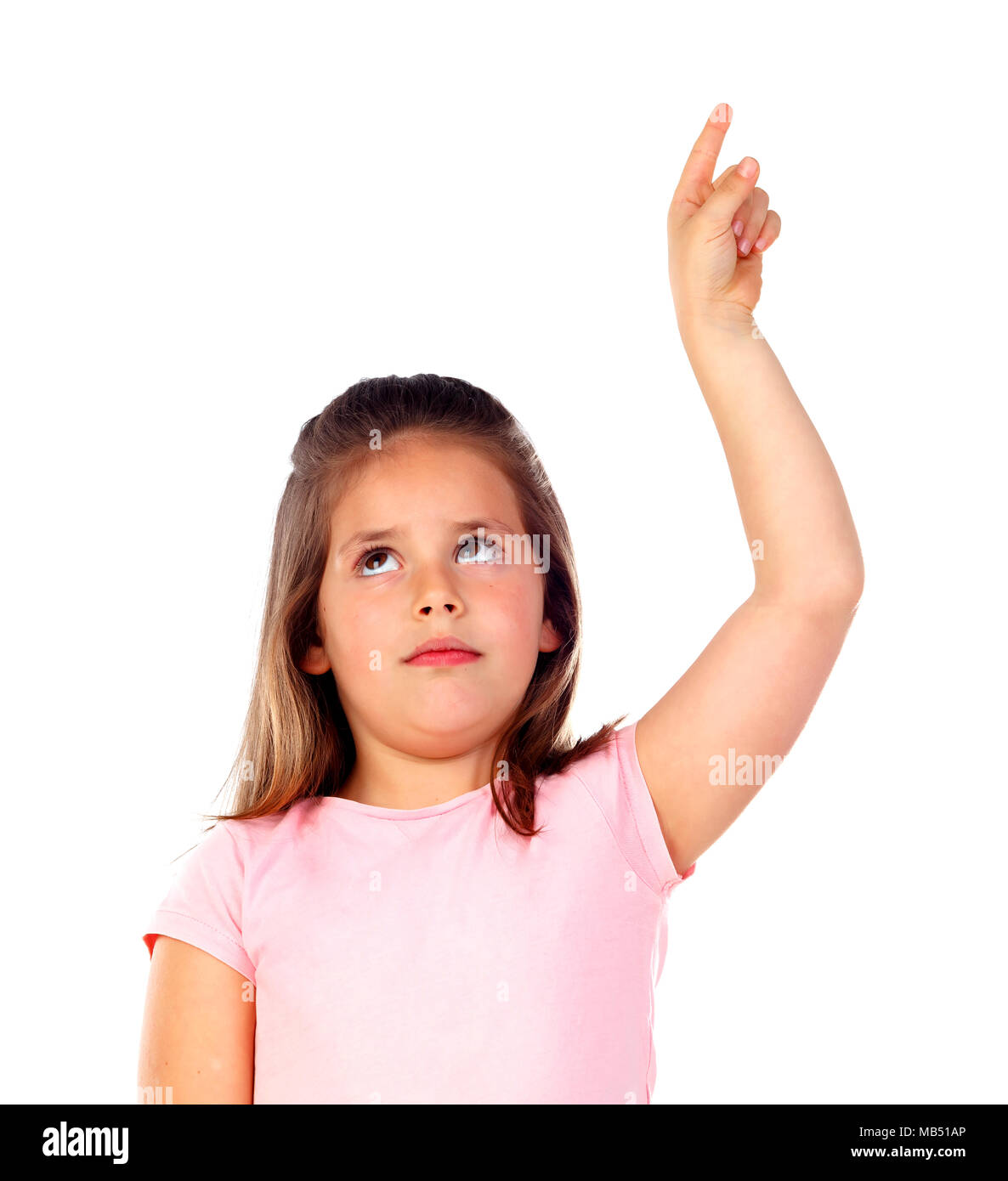 Cute child girl pointing with his finger isolated on white background ...
