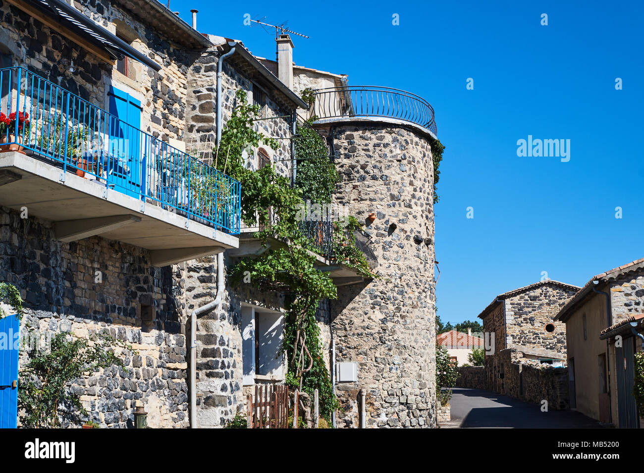 The stone buildings in the medieval town of Mirabel in France Stock ...