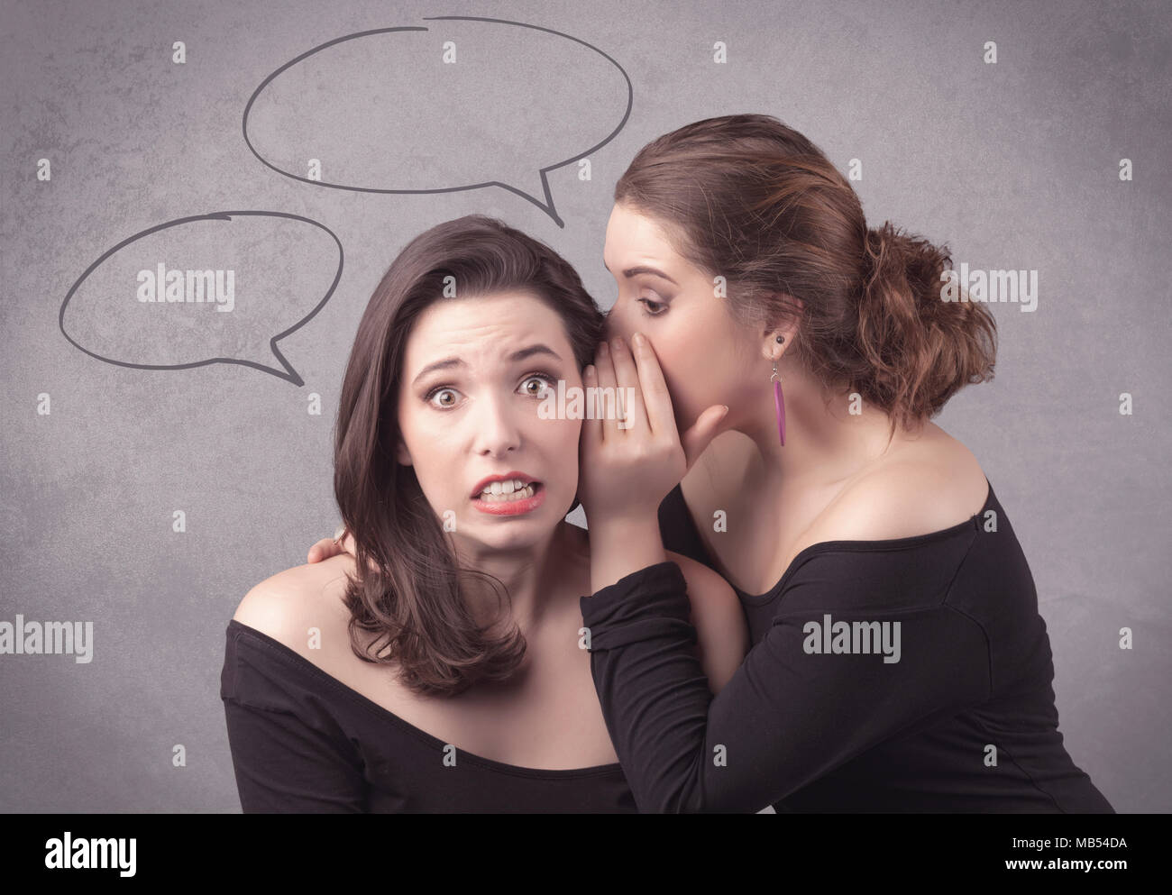 Two girls chatting and sharing their secrets concept with drawn chat ...