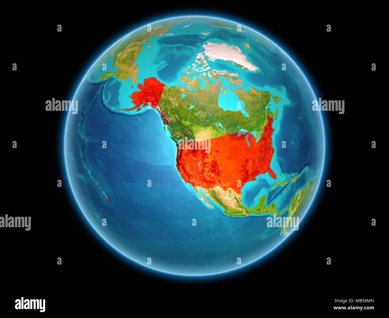 USA in red on planet Earth as seen from space on full sphere. 3D ...
