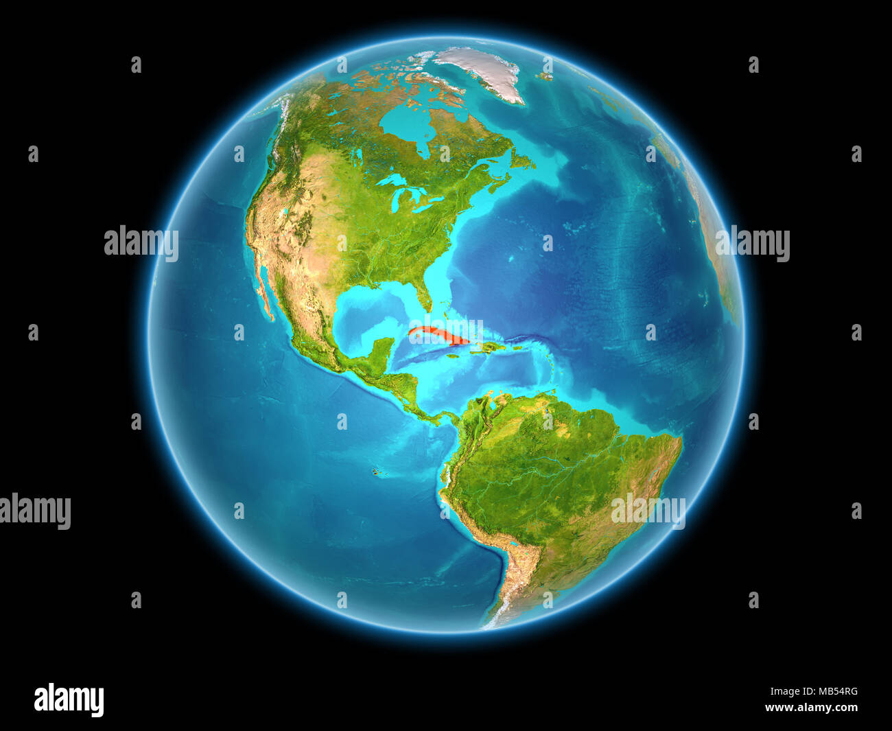 Cuba in red on planet Earth as seen from space on full sphere. 3D ...