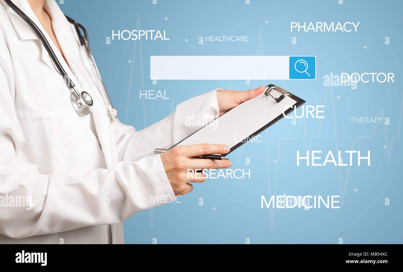 Female doctor holding notepad with blue background and search bar with ...