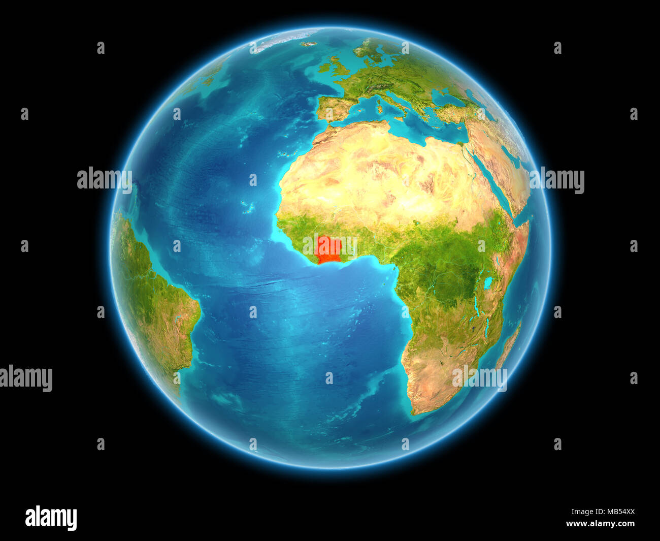 Ivory Coast in red on planet Earth as seen from space on full sphere ...