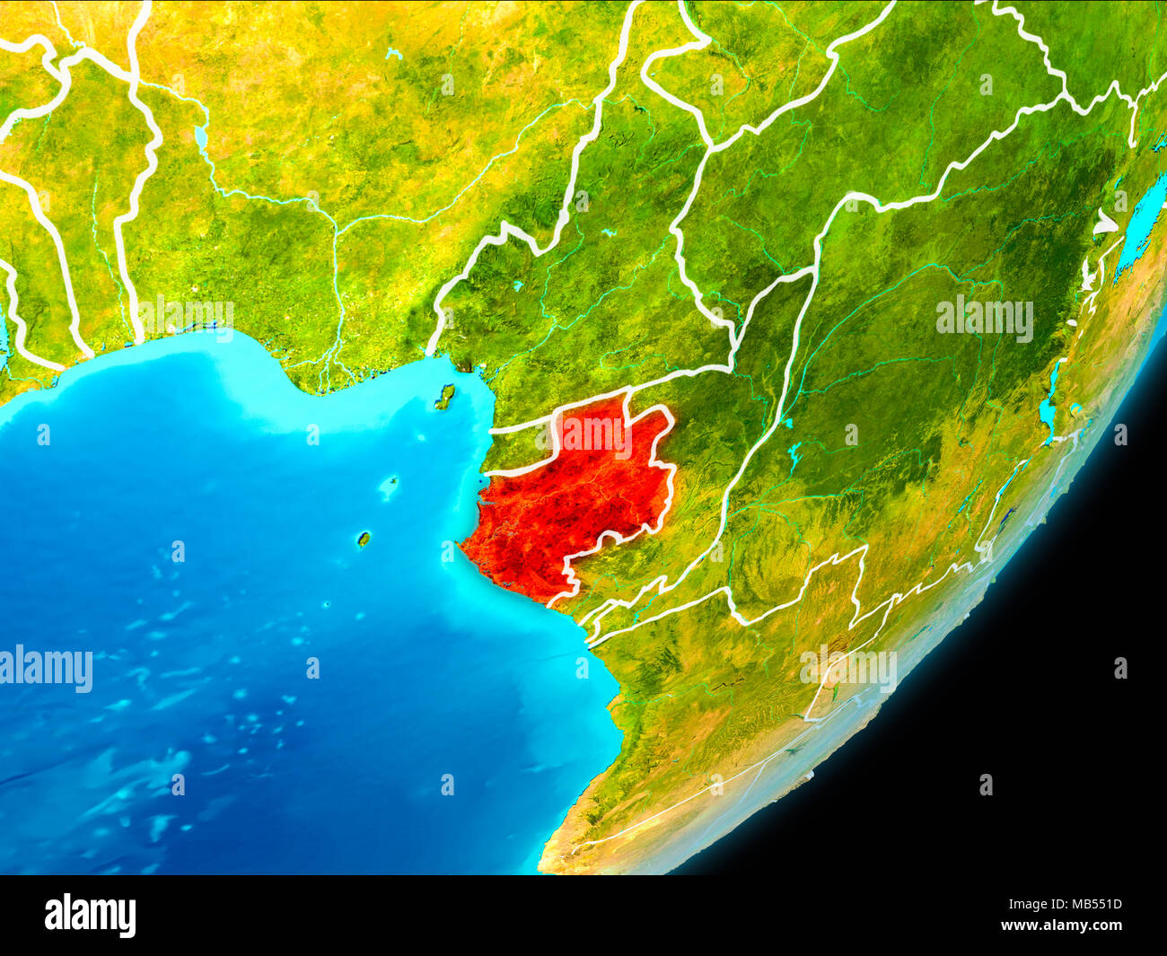 Map of Gabon in red as seen from space on planet Earth with white ...