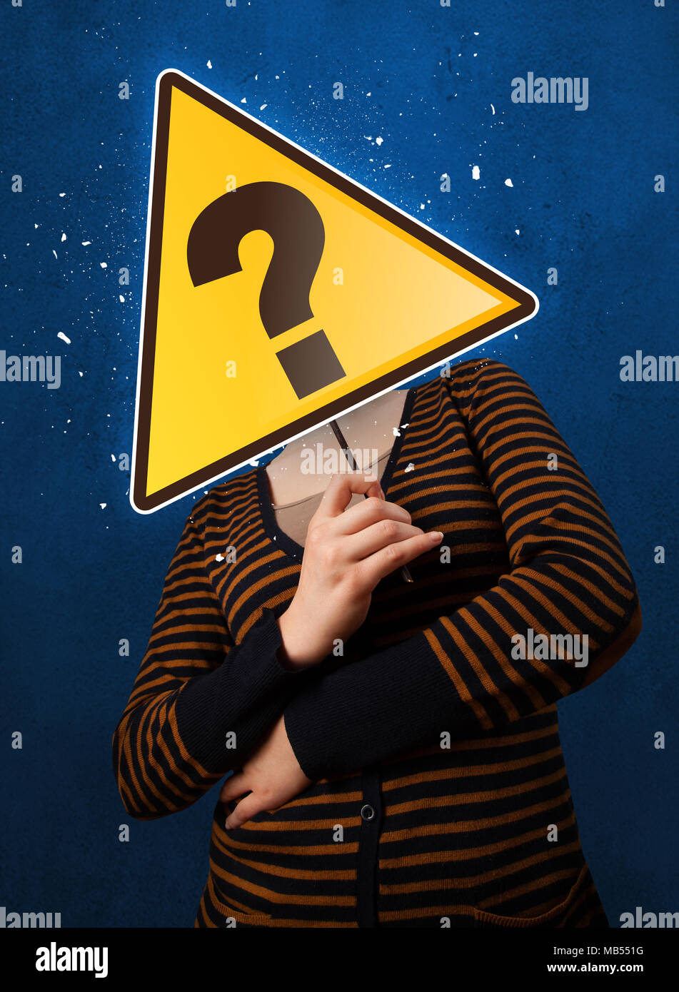 Casual young woman holding yellow sign with question mark Stock Photo ...