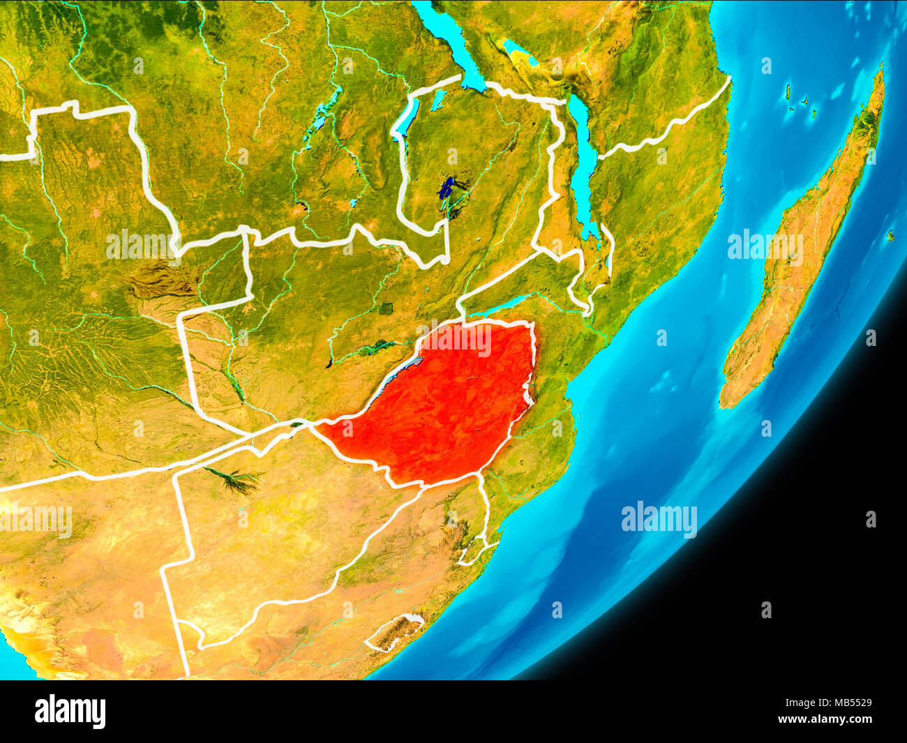 Map of Zimbabwe in red as seen from space on planet Earth with white ...