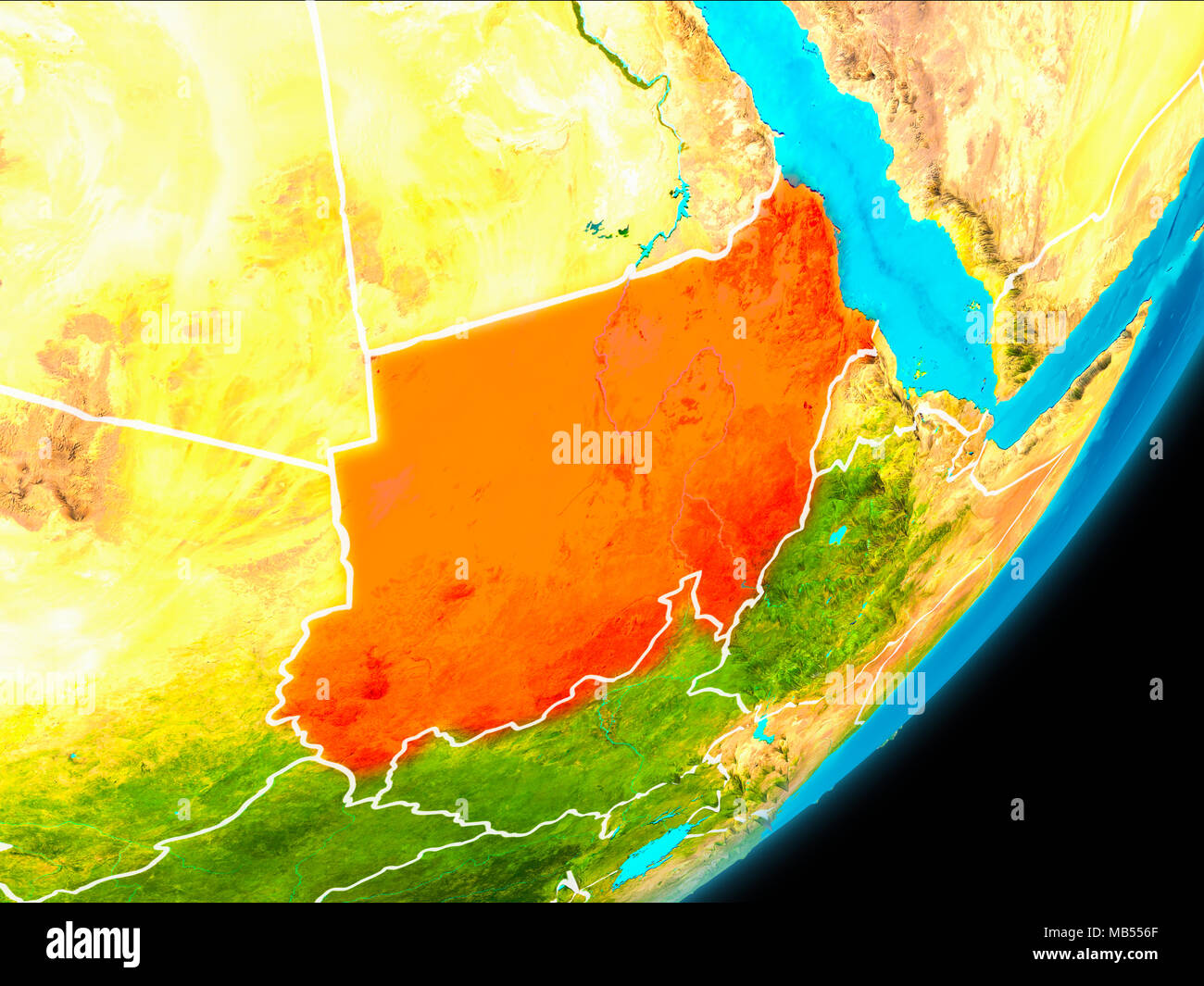 Map of Sudan in red as seen from space on planet Earth with white ...
