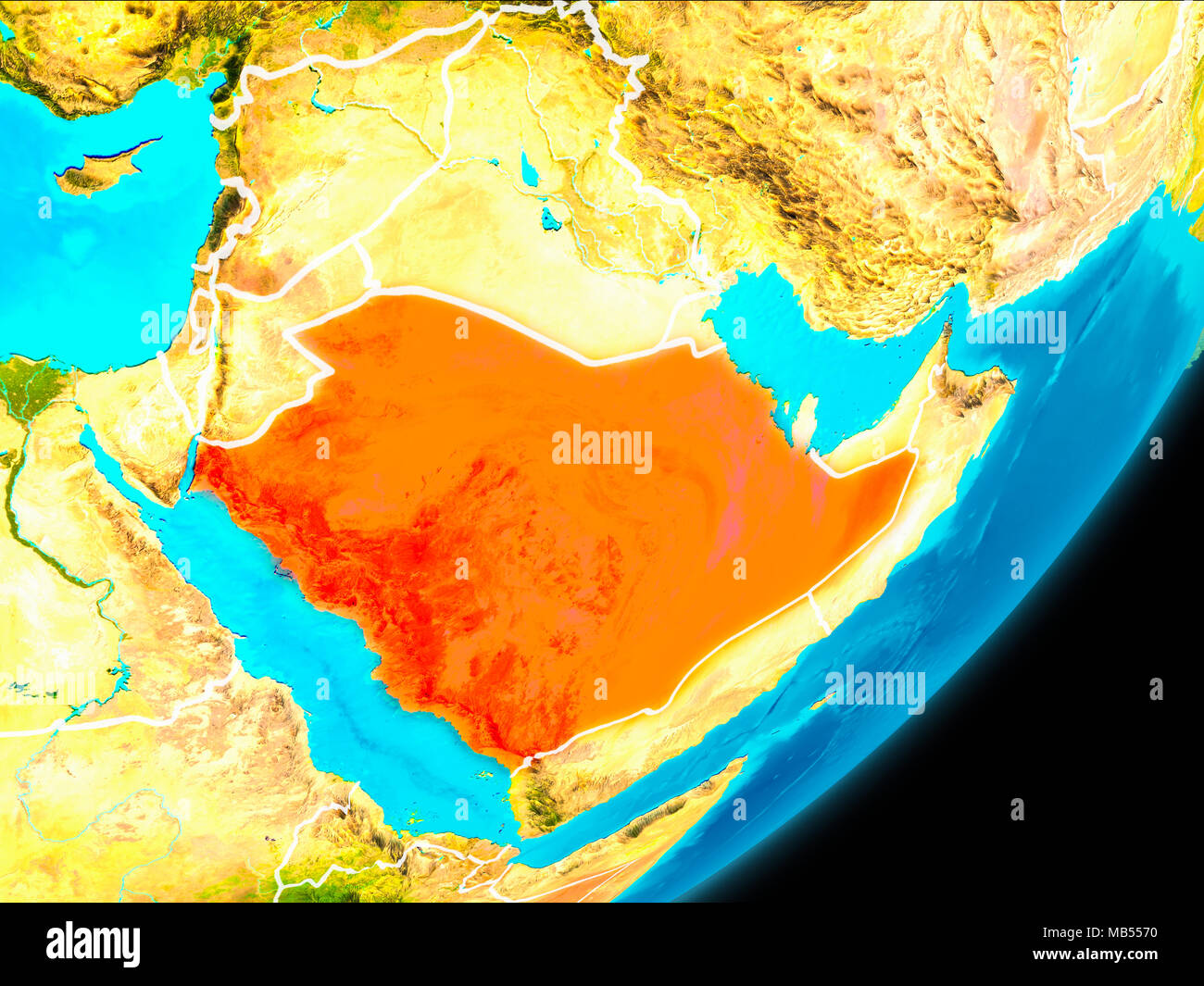 Map of Saudi Arabia in red as seen from space on planet Earth with ...