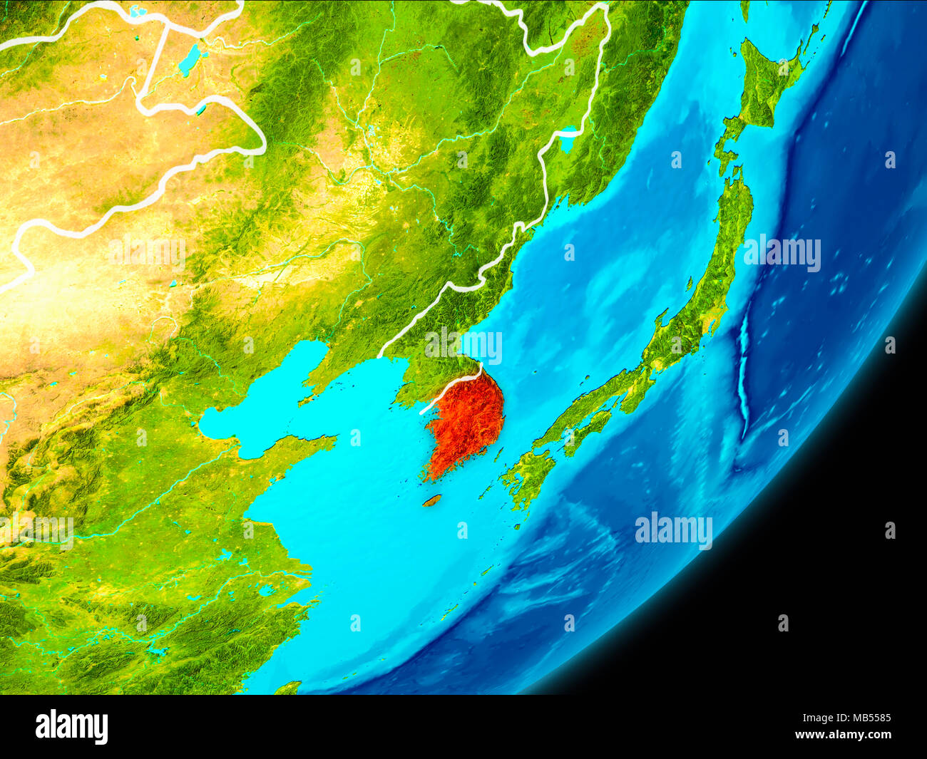 Map of South Korea in red as seen from space on planet Earth with white ...