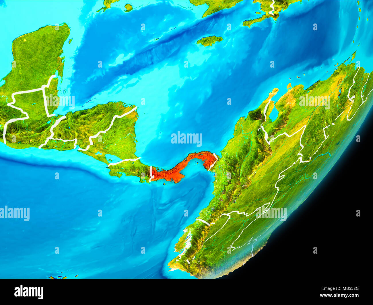Map of Panama in red as seen from space on planet Earth with white ...